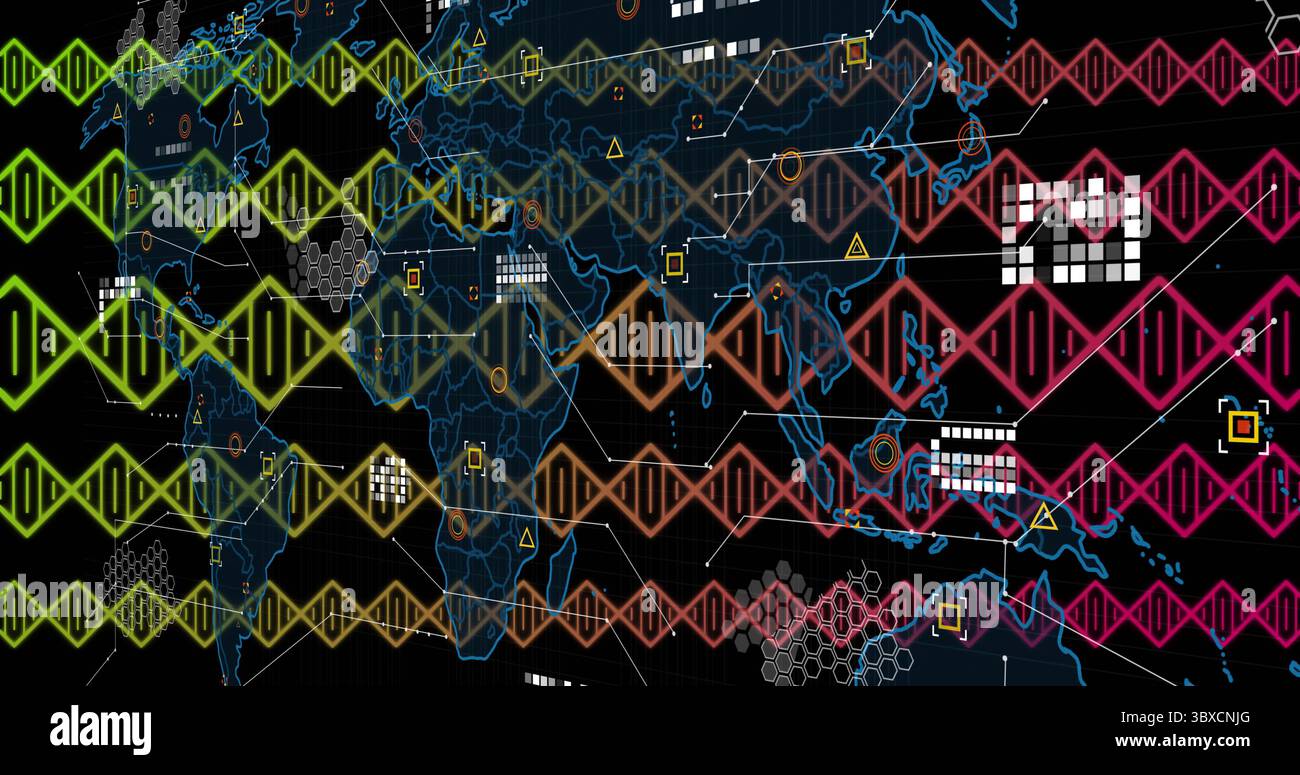 Displaying virtual dashboard showing world map with DNA helix icons ...