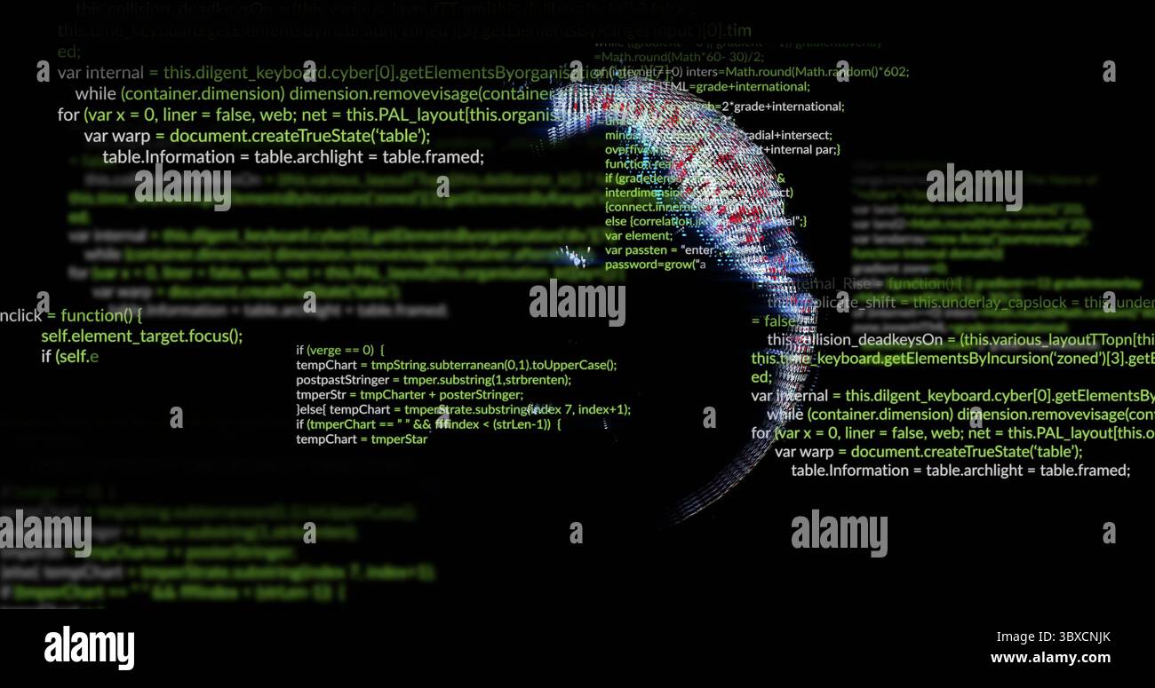 Displaying JavaScript UI showing highlighted code lines and 3D wireframe head on screen, copy ...