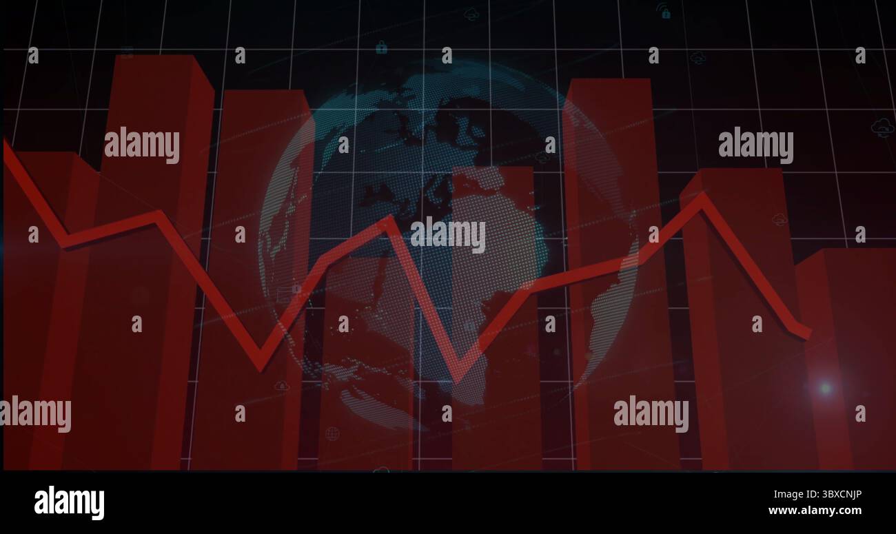 Displaying red bar and line chart over dotted globe on dark grid ...