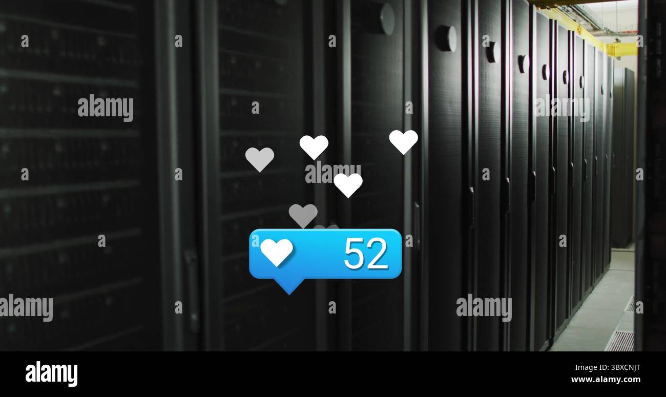 Server racks glowing in data center with raised floor, overhead trays ...