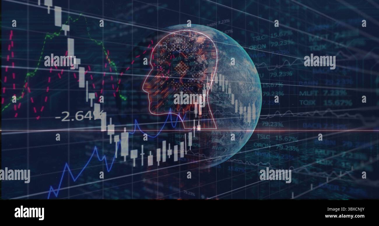 Rotating globe with neural circuit head over trading interface, with ...