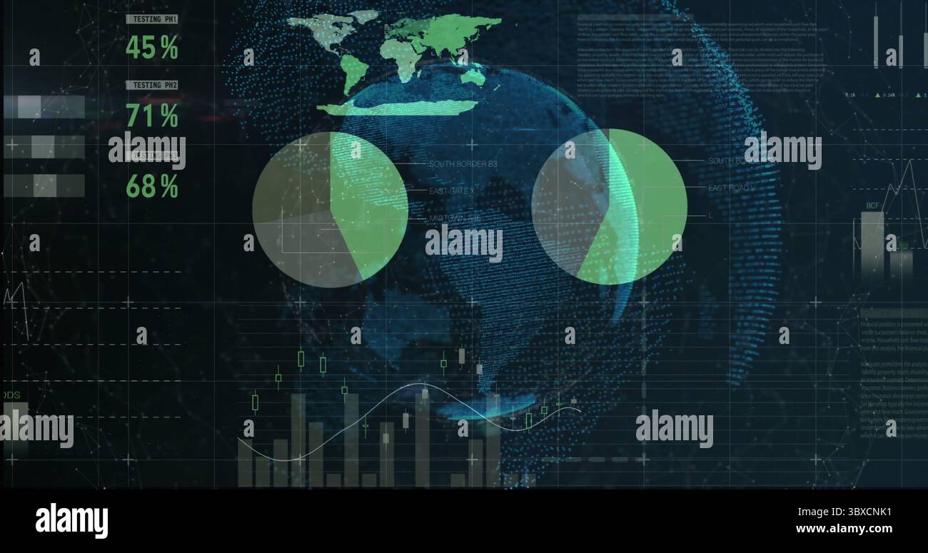 Displaying 3D globe visualization floating over analytics dashboard with pie charts, code blocks ...