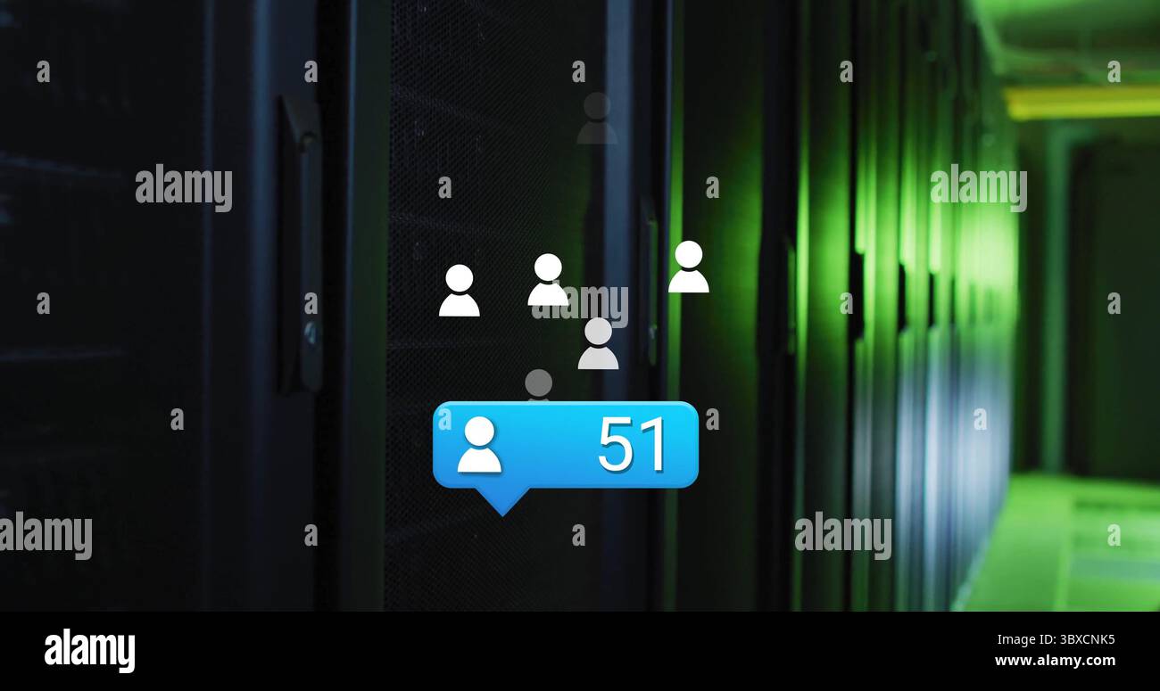 Displaying blue notification bubble pulsing on server racks in data ...