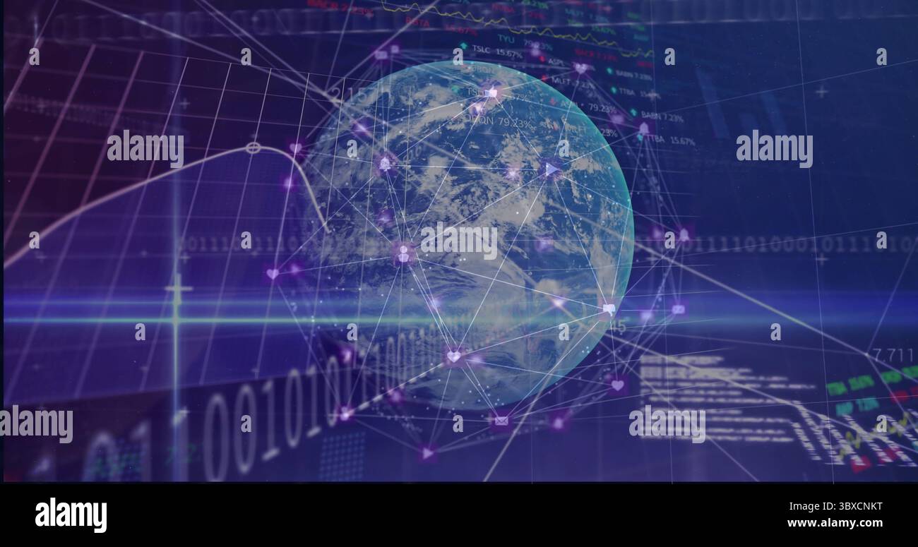 Displaying globe in digital space with network lines, nodes, financial ...
