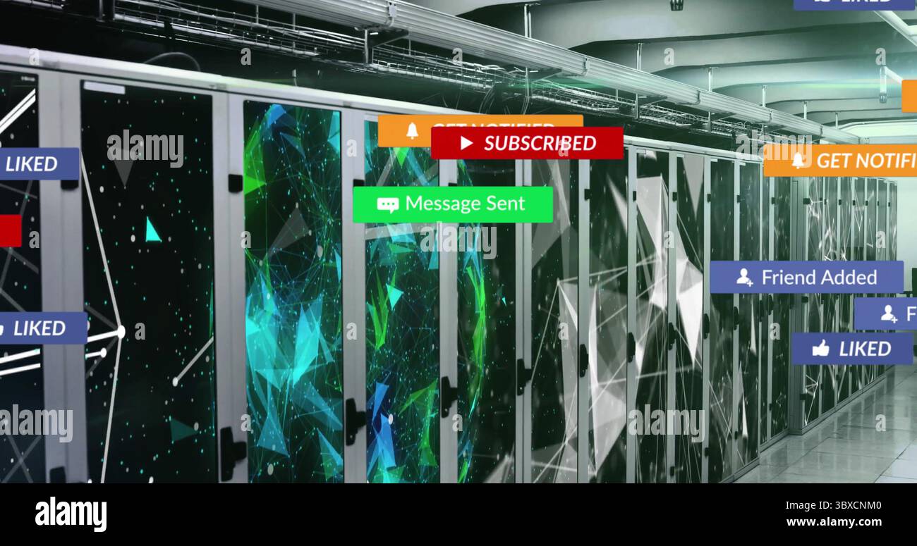Showing server cabinets blinking LED lights in data center, with ...