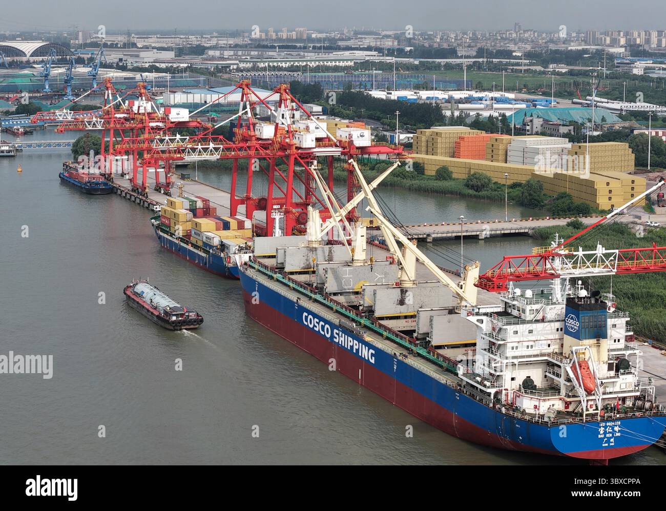 Aerial photo shows the busy container terminal at Yangzhou Port in ...