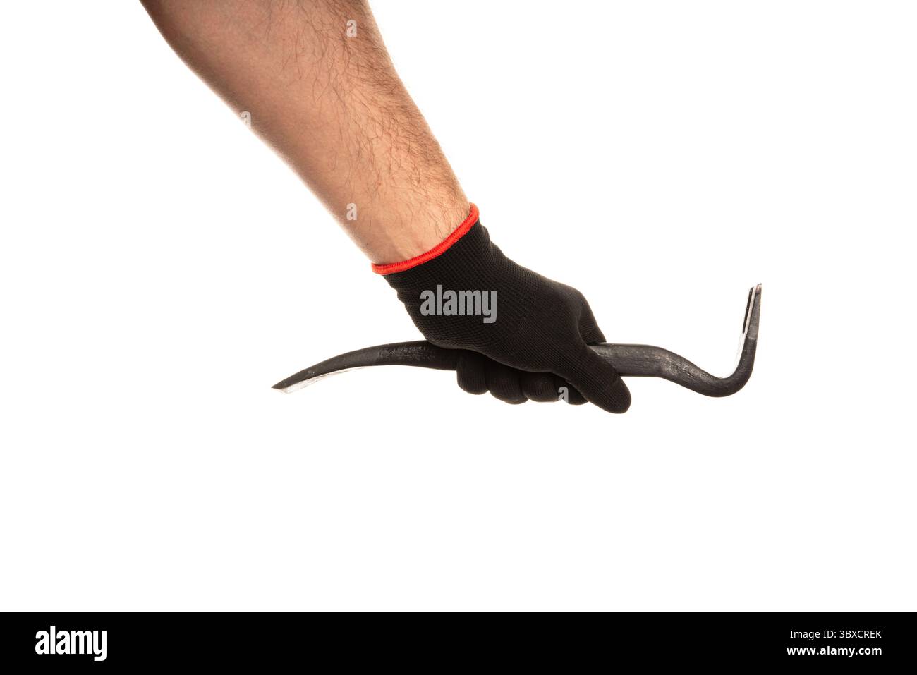 Metal black crowbar in a man's hand on a white background, isolate ...