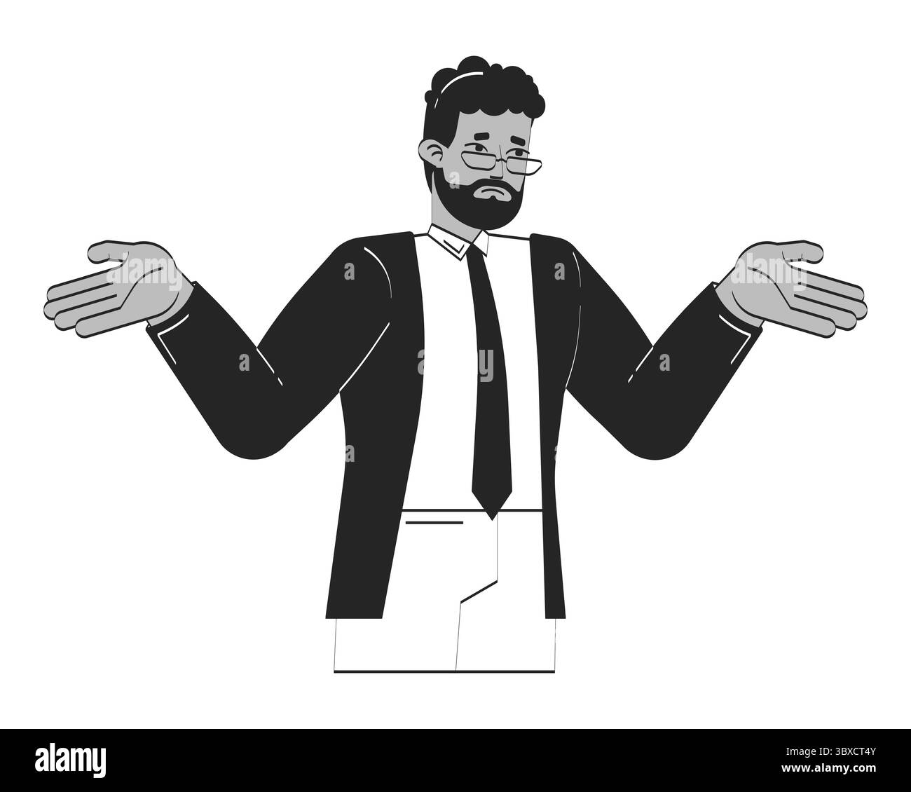 Confused corporate black man shrugging with open hands doodle linear ...