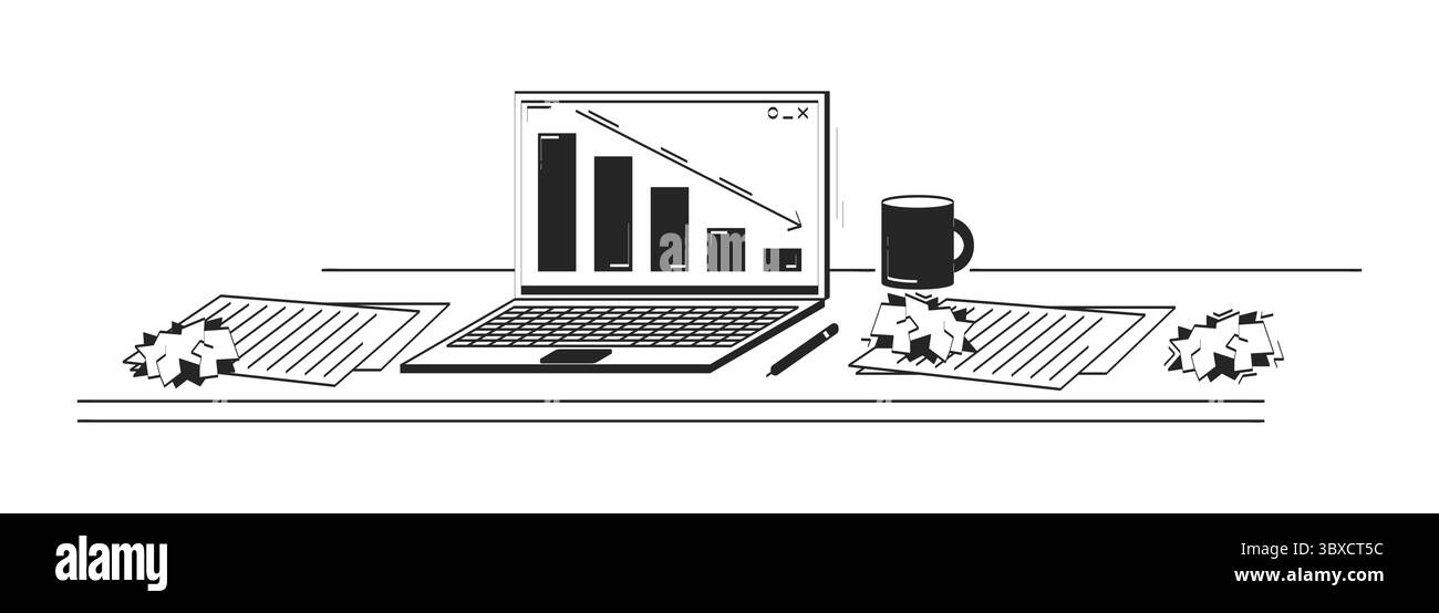 Cluttered desk with declining bar chart on laptop doodle linear object ...