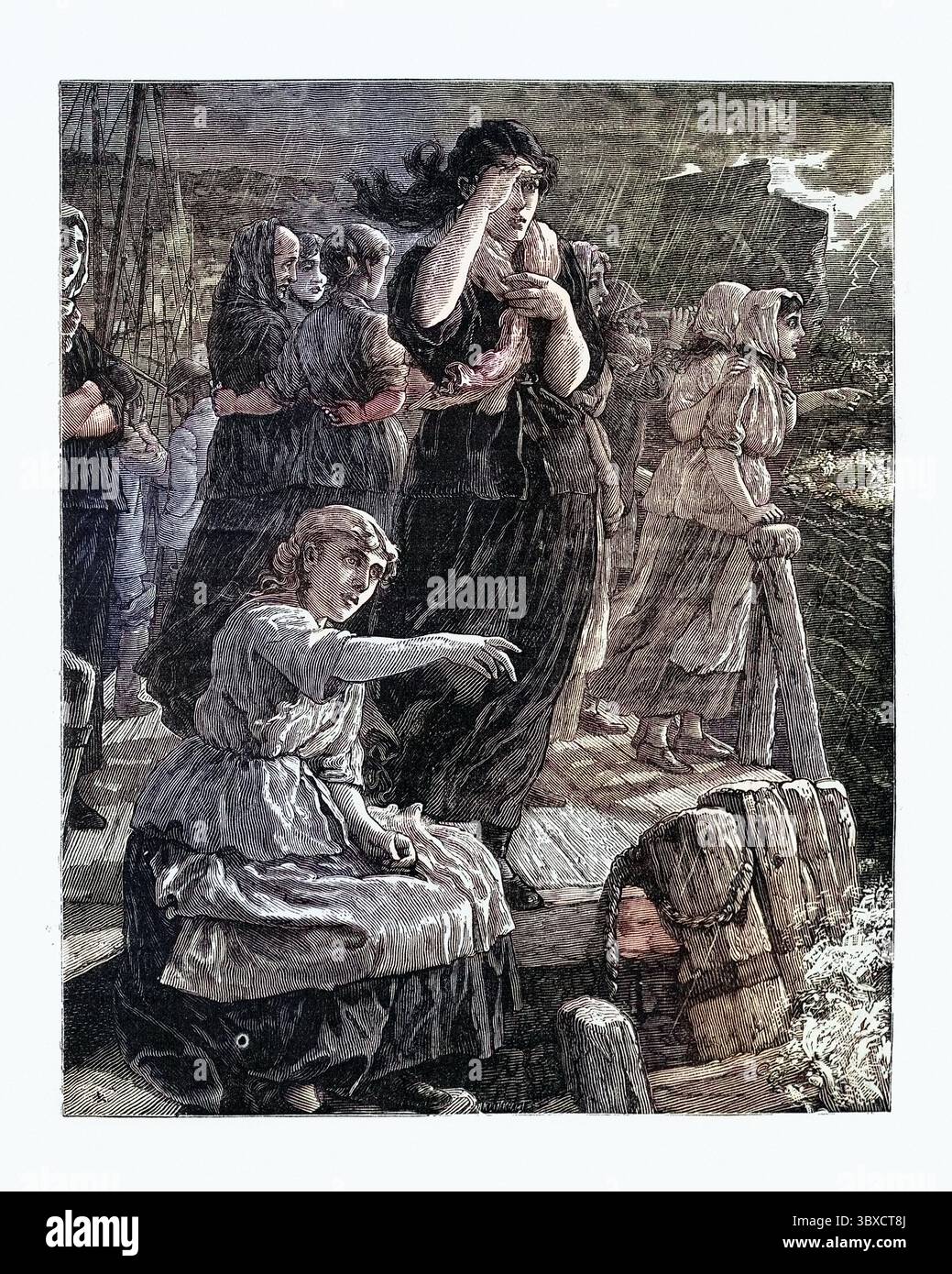 Vintage illustration of Wives and families of fishermen watching from ...