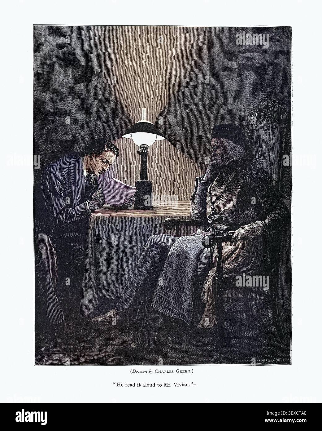 Vintage illustration of a Man reading a letter aloud by lamp light ...