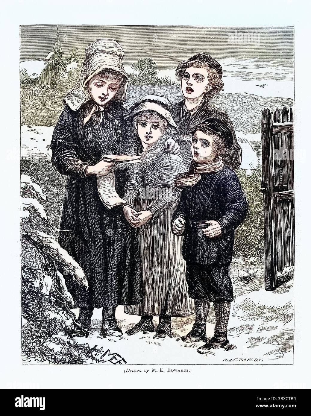 Vintage illustration of Children singing Christmas carol, Victorian ...