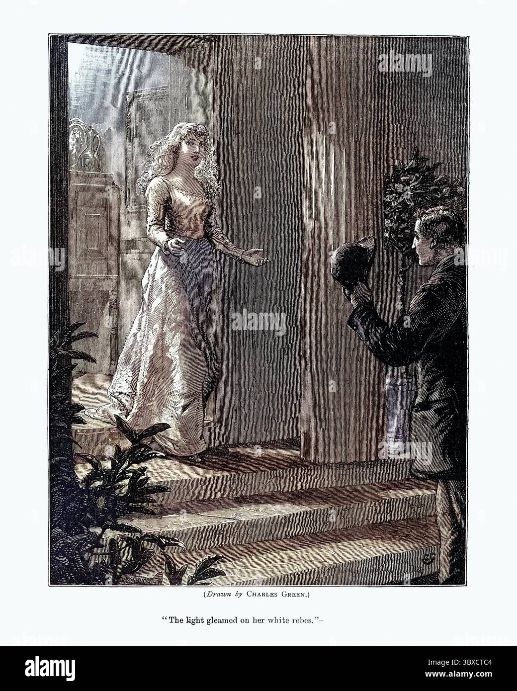 Vintage illustration of Young woman greeting her boyfriend at the door ...