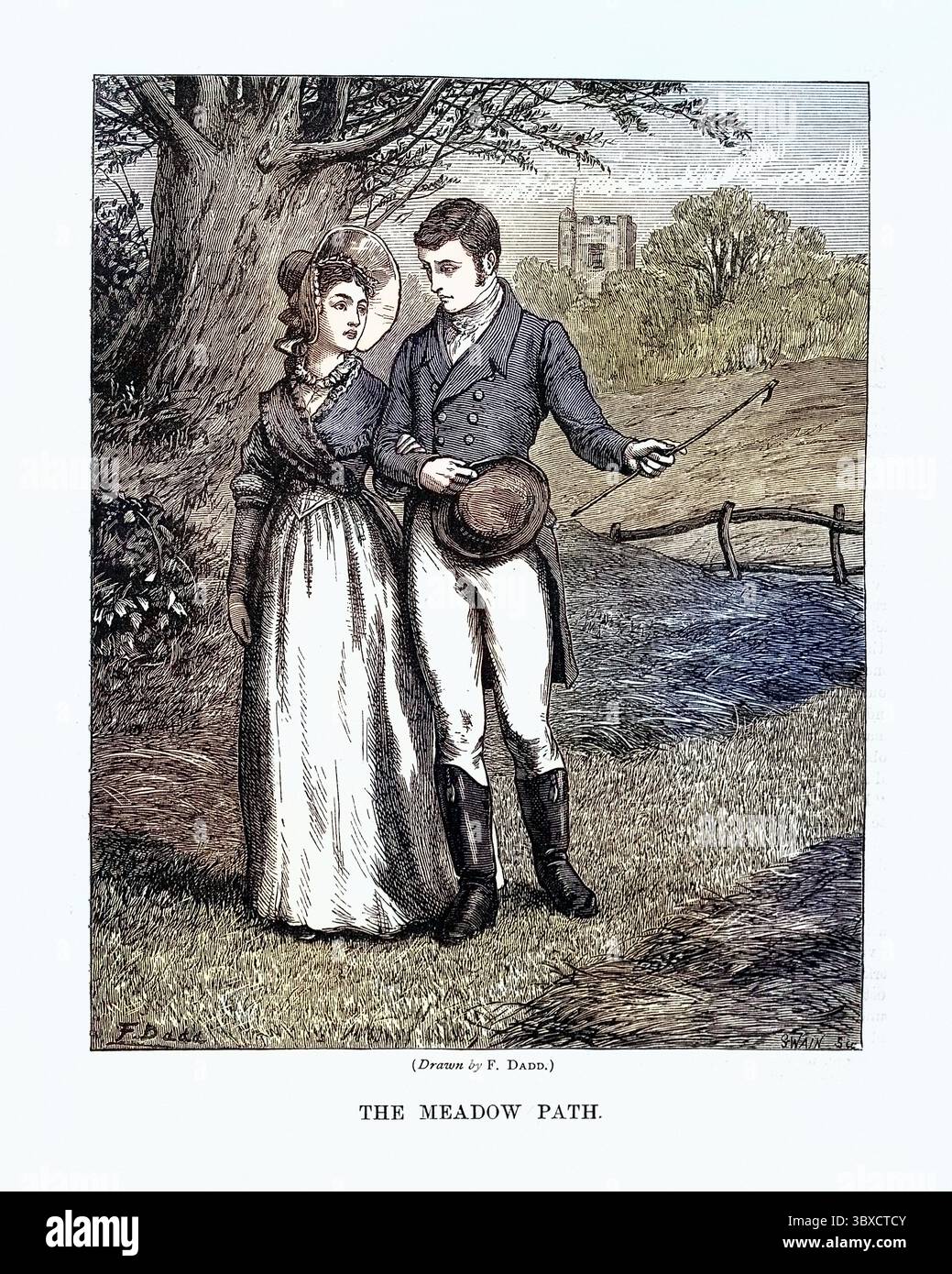Vintage illustration of Young couple in love walking in countryside arm ...