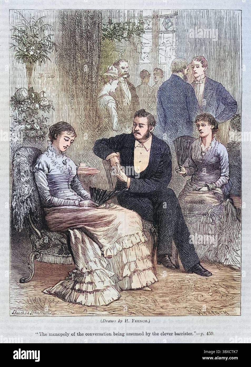 Vintage illustration, Young woman bored by conversation of a man at a ...