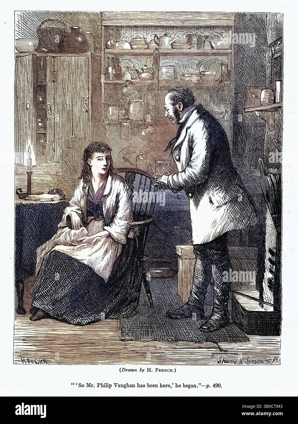 Vintage illustration, Victorian couple talking in the kitchen, 1870s ...