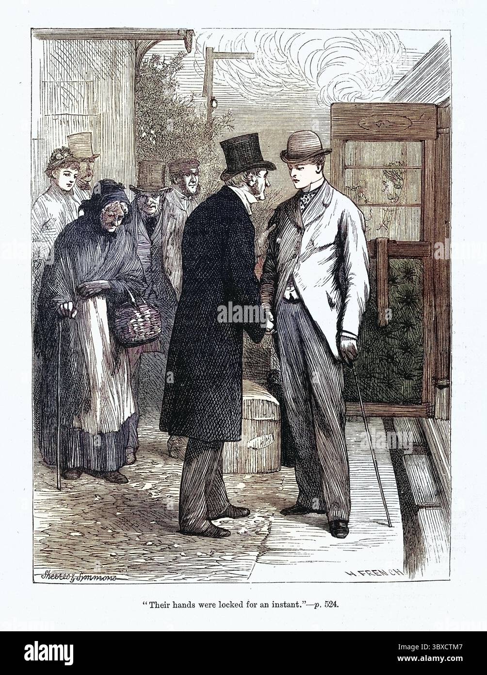 Vintage illustration, Father saying goodbye to his adult son at a train ...