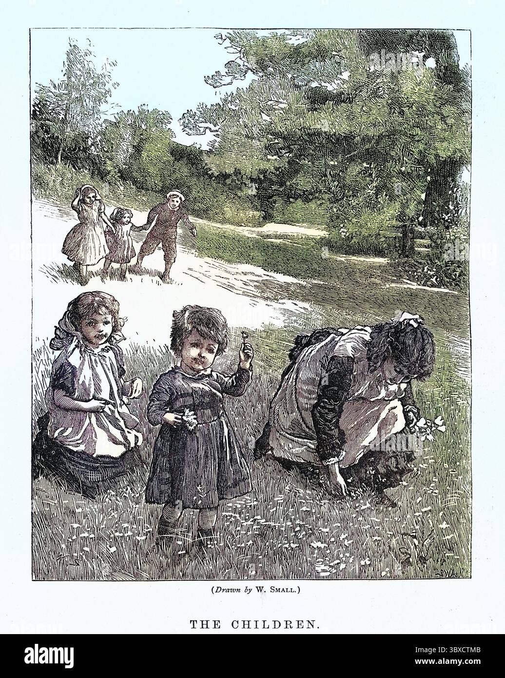 Vintage illustration, Children picking flowers and playing in a meadow ...