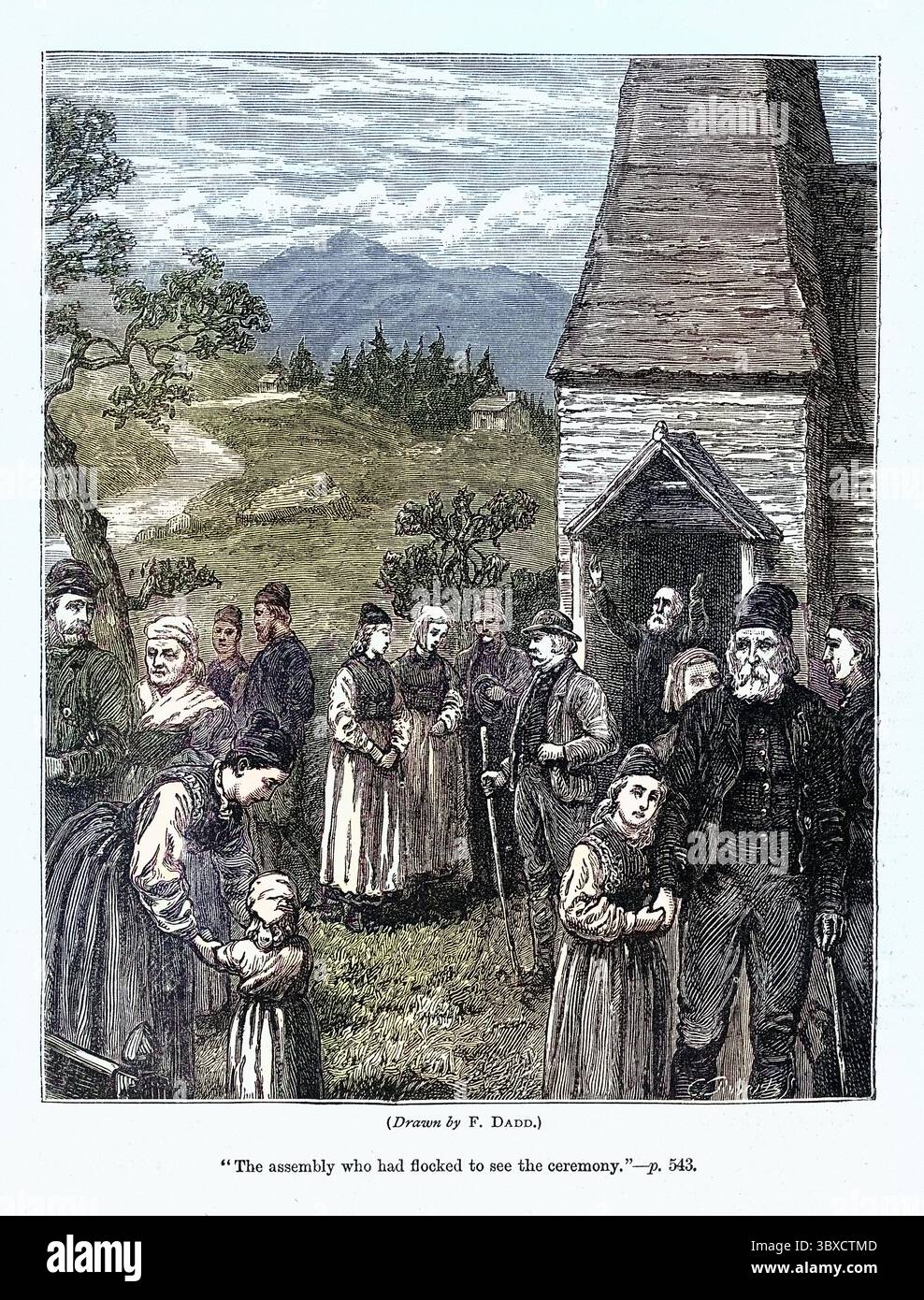 Vintage illustration, People leaving church and a Sunday after mass ...
