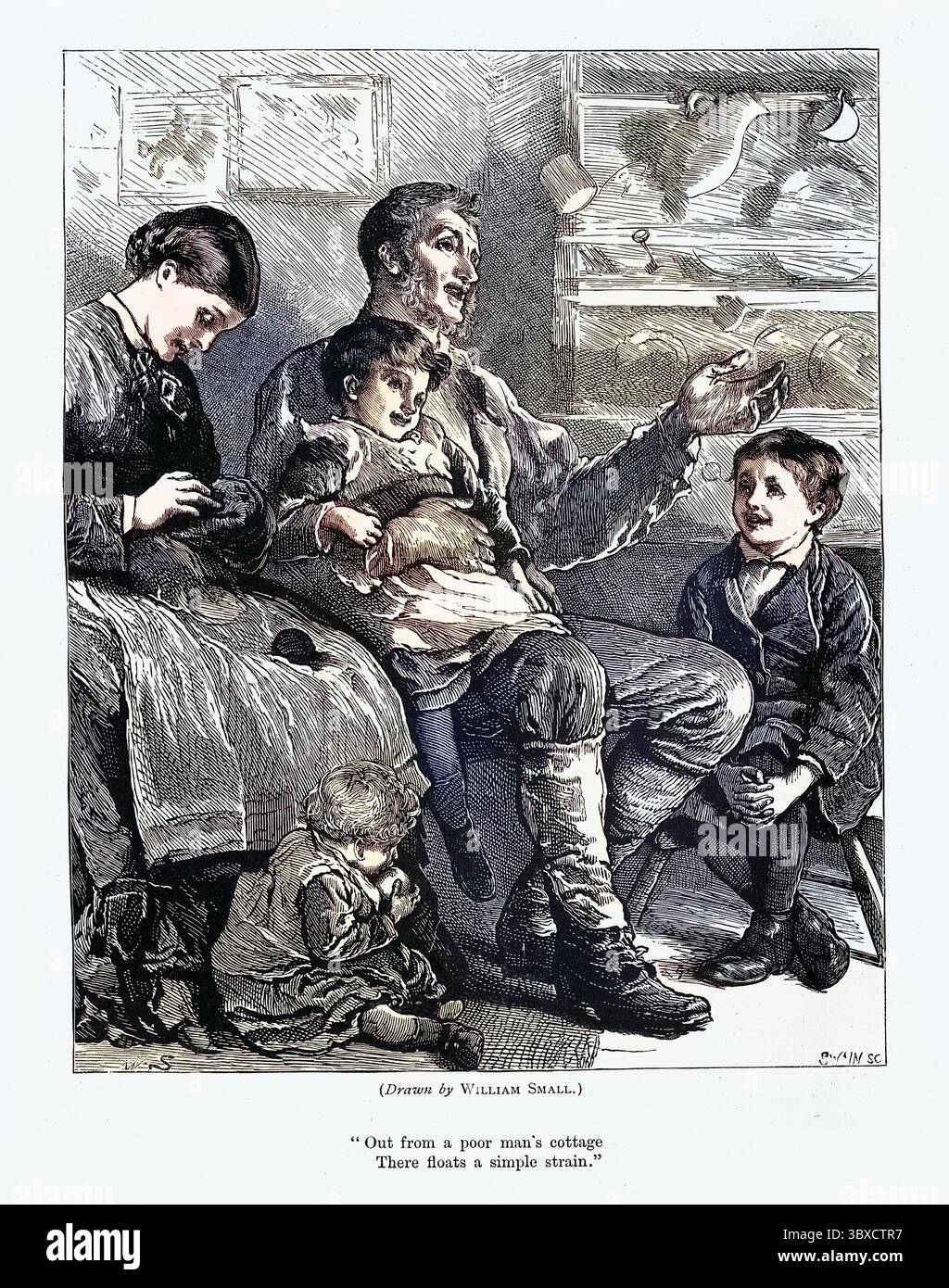 Vintage engraving Victorian family at home together, father singing to ...