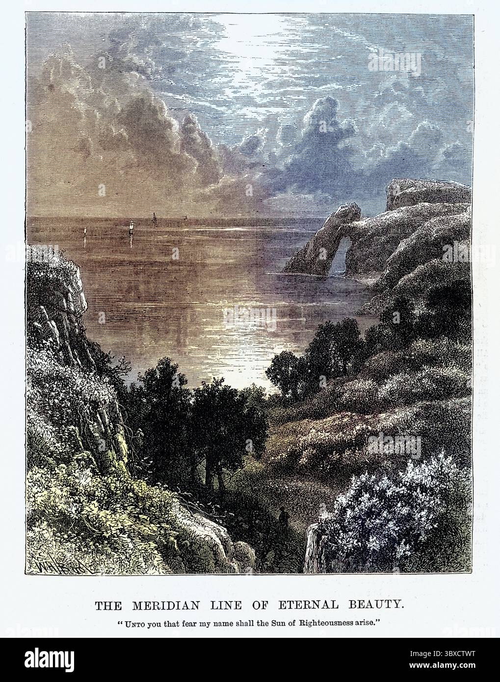 Vintage engraving Victorian seascape, meridian line, Sun of ...