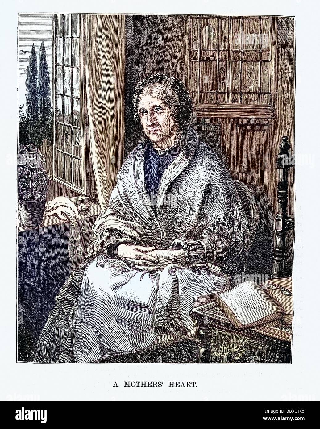 Vintage illustration, A mothers' heart, Old woman waiting by open ...