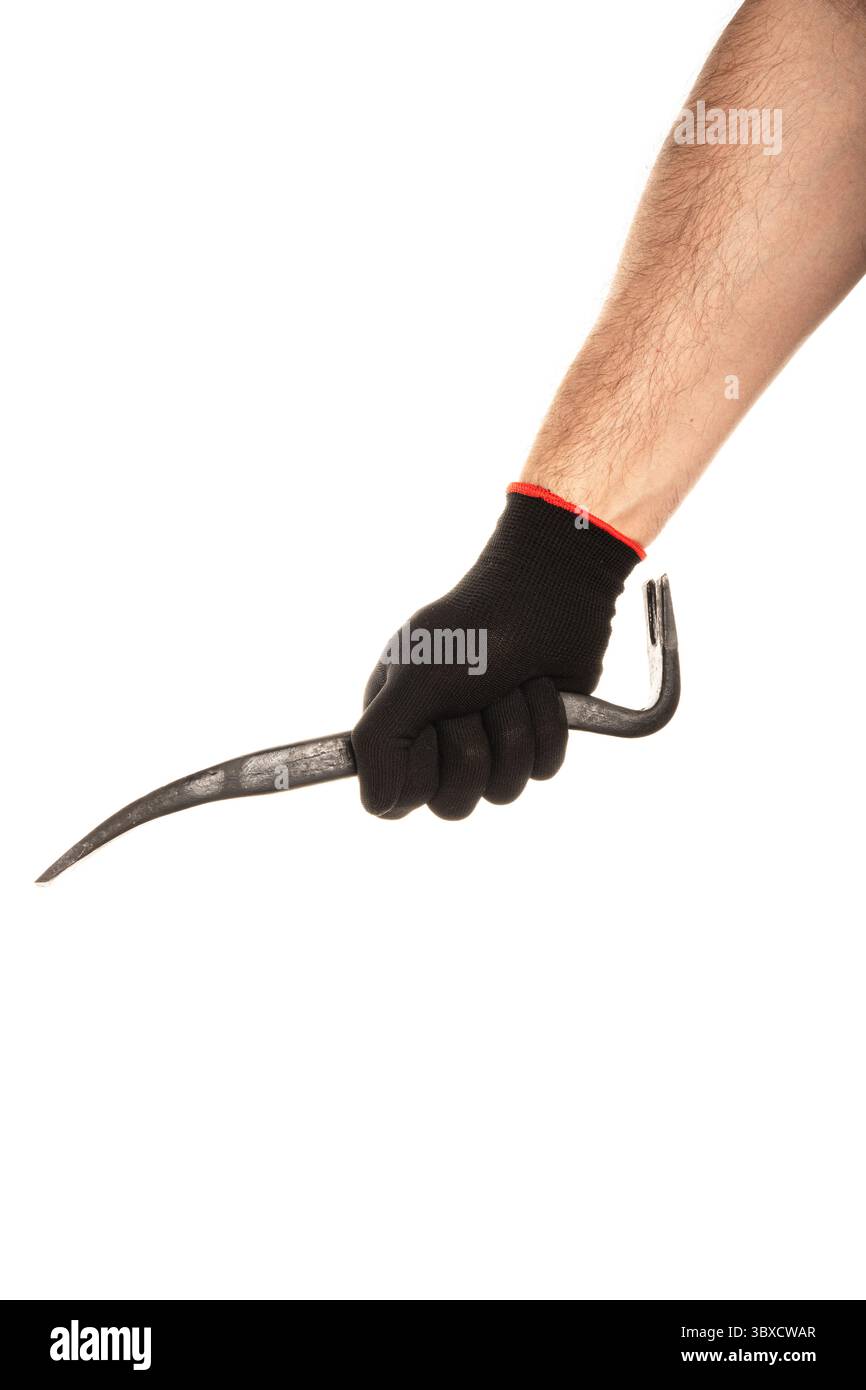 Metal black crowbar in a man's hand on a white background, isolate ...