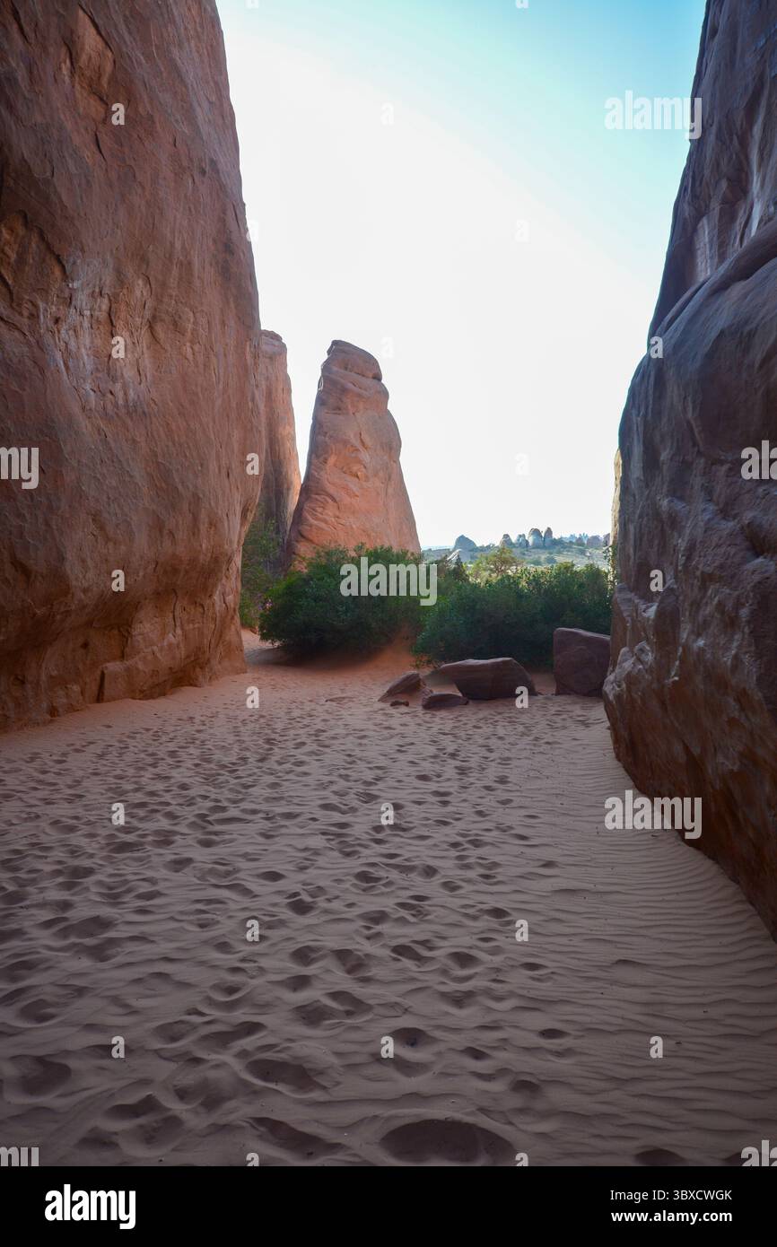 Views of Sand Arch in Arches National Park in Utah during the golden ...