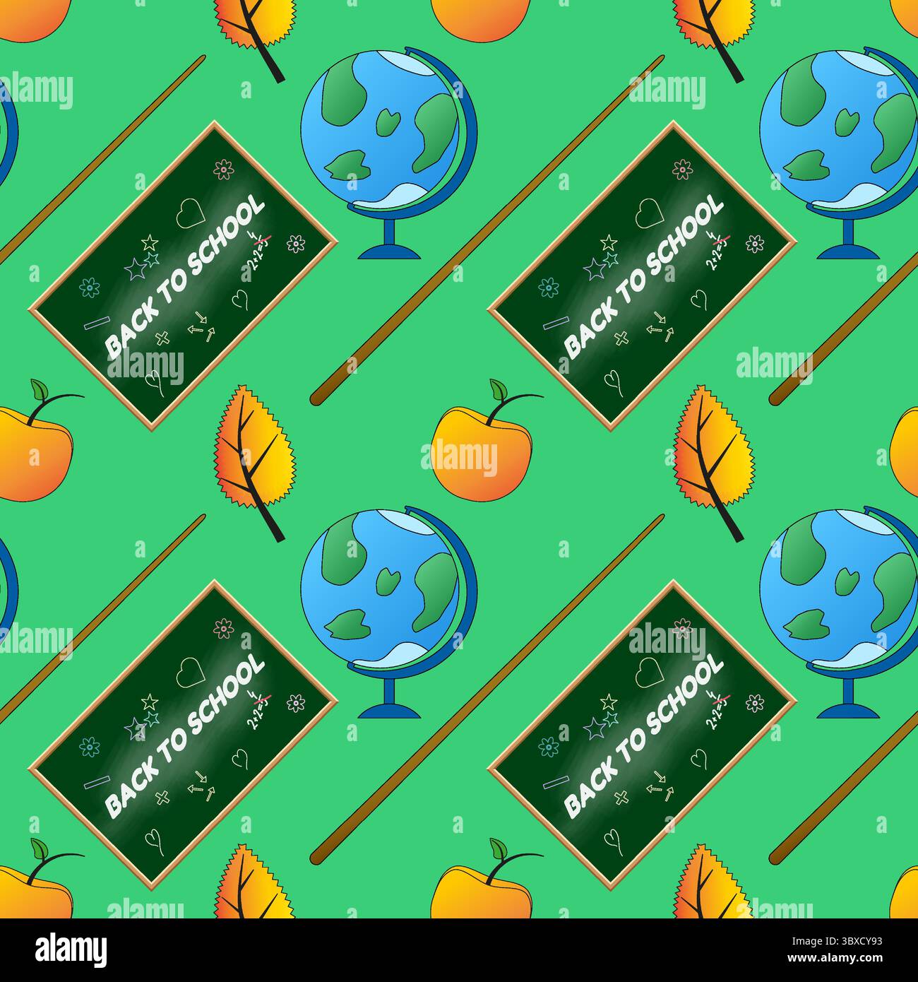 Seamless pattern with chalkboards, globes, apples, autumn leaves and ...