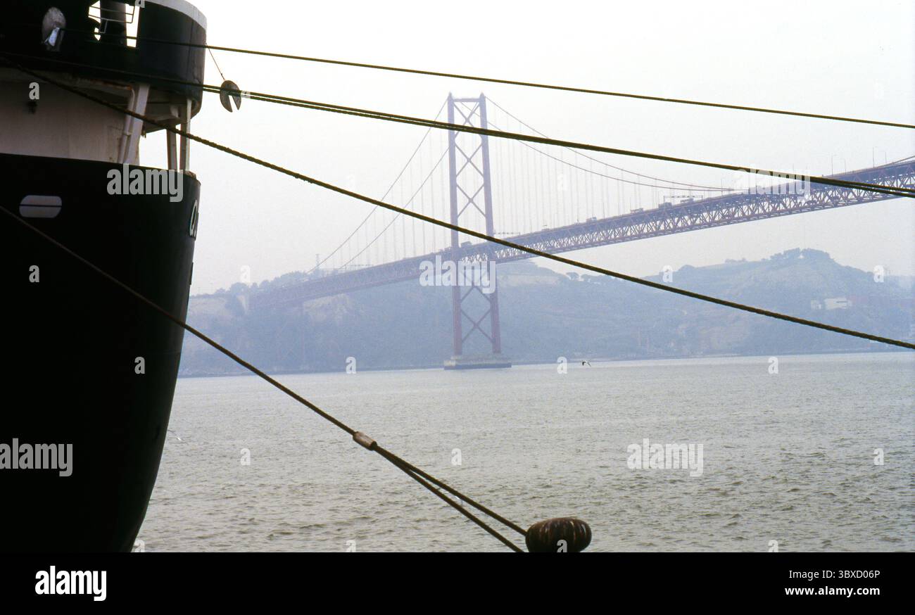Lisbon Cruise Port Mooring Lines Framing the 25 de Abril Bridge Stock ...