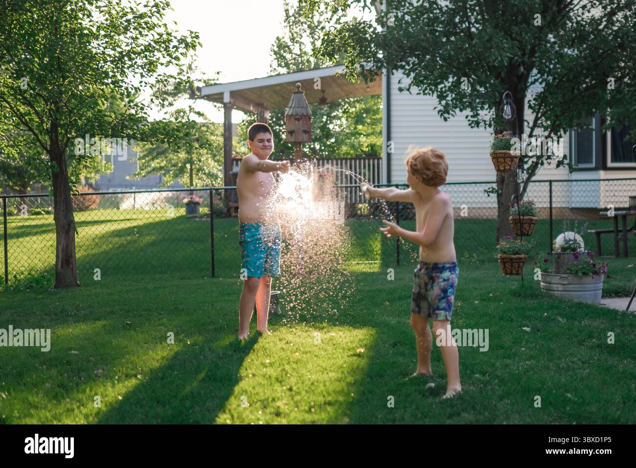 Two boys having summer water fight in green backyard Stock Photo - Alamy