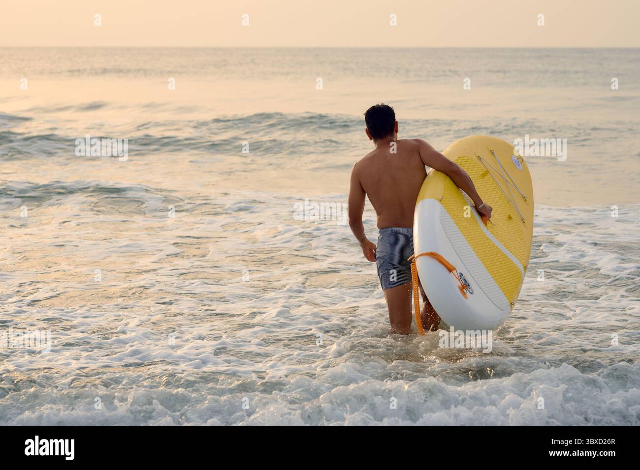 Surfer carrying board entering sunset hi-res stock photography and ...