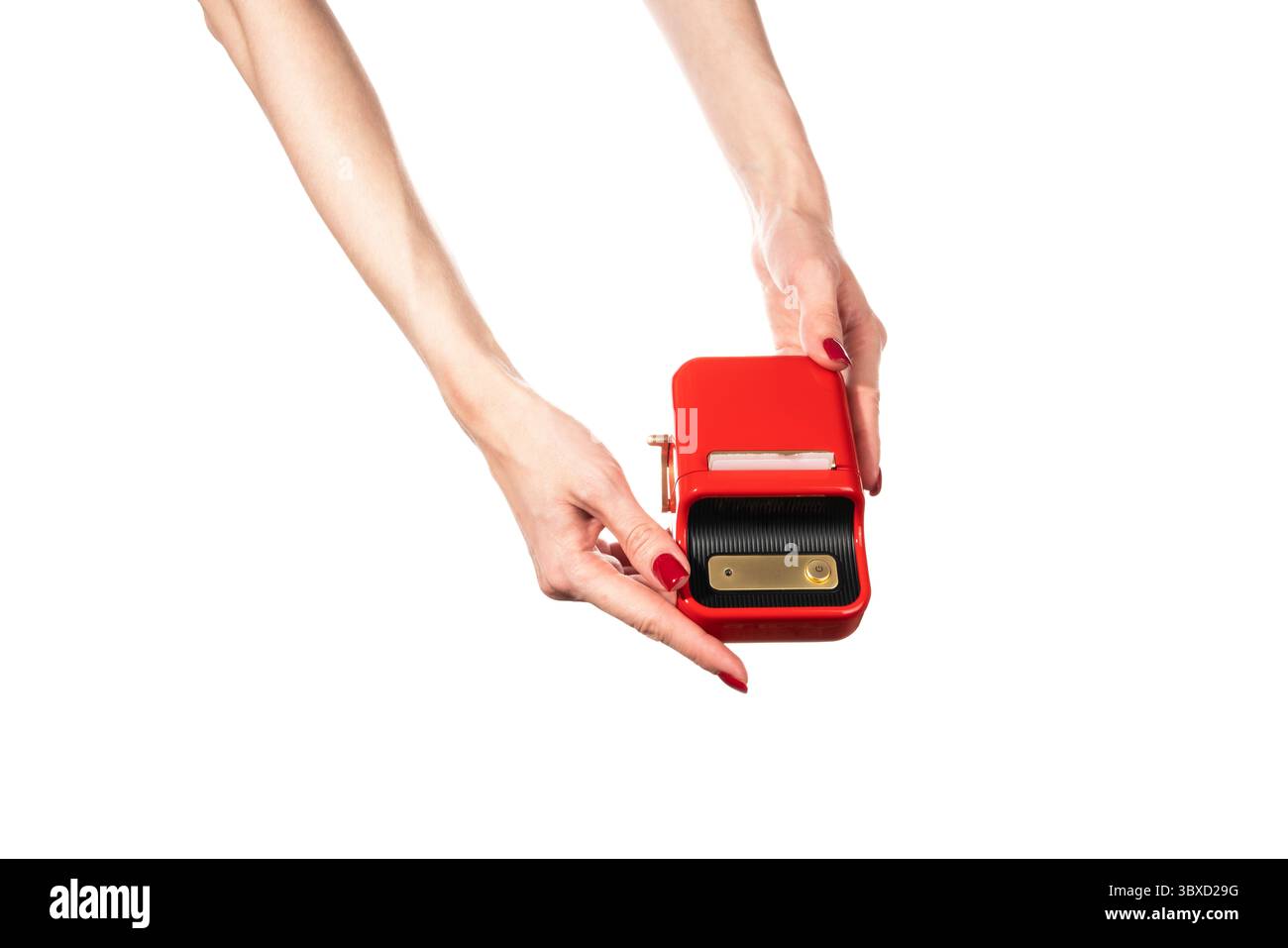 Small red printer for printing labels isolated on white background ...