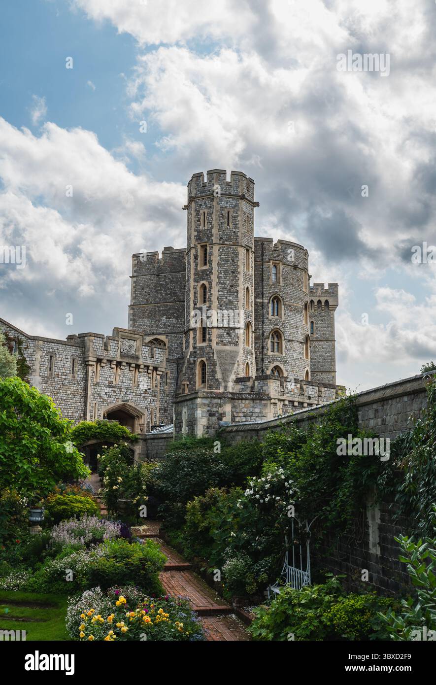 Exterior view of towers of Windsor Castle and gardens in England Stock ...