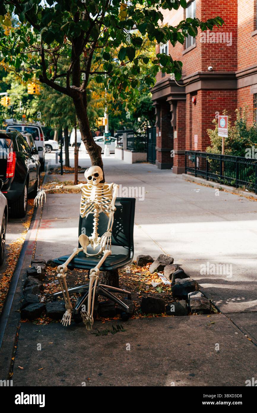 Skeleton sits on chair in Brooklyn street during Halloween seaso Stock ...