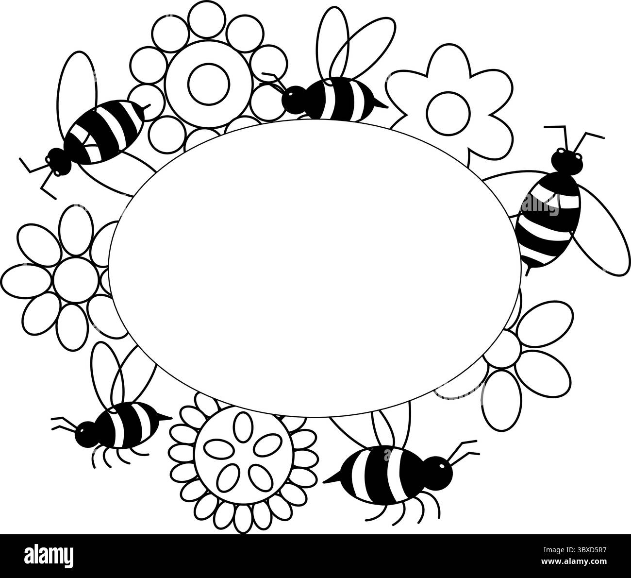 Floral bee Frame Oval template. Vector graphic line illustration ...