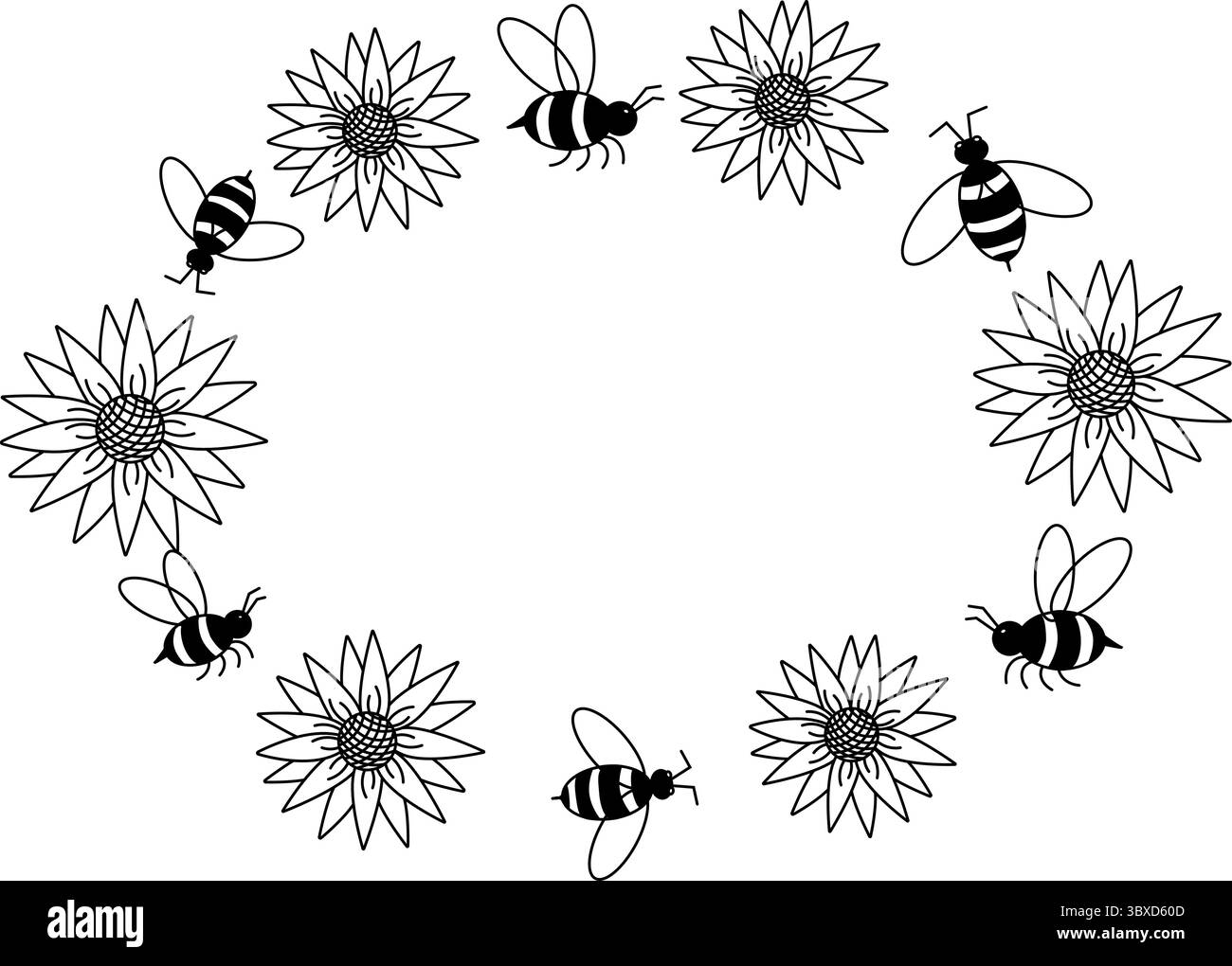 Bee and sunflower Frame Oval template. Vector graphic line illustration ...