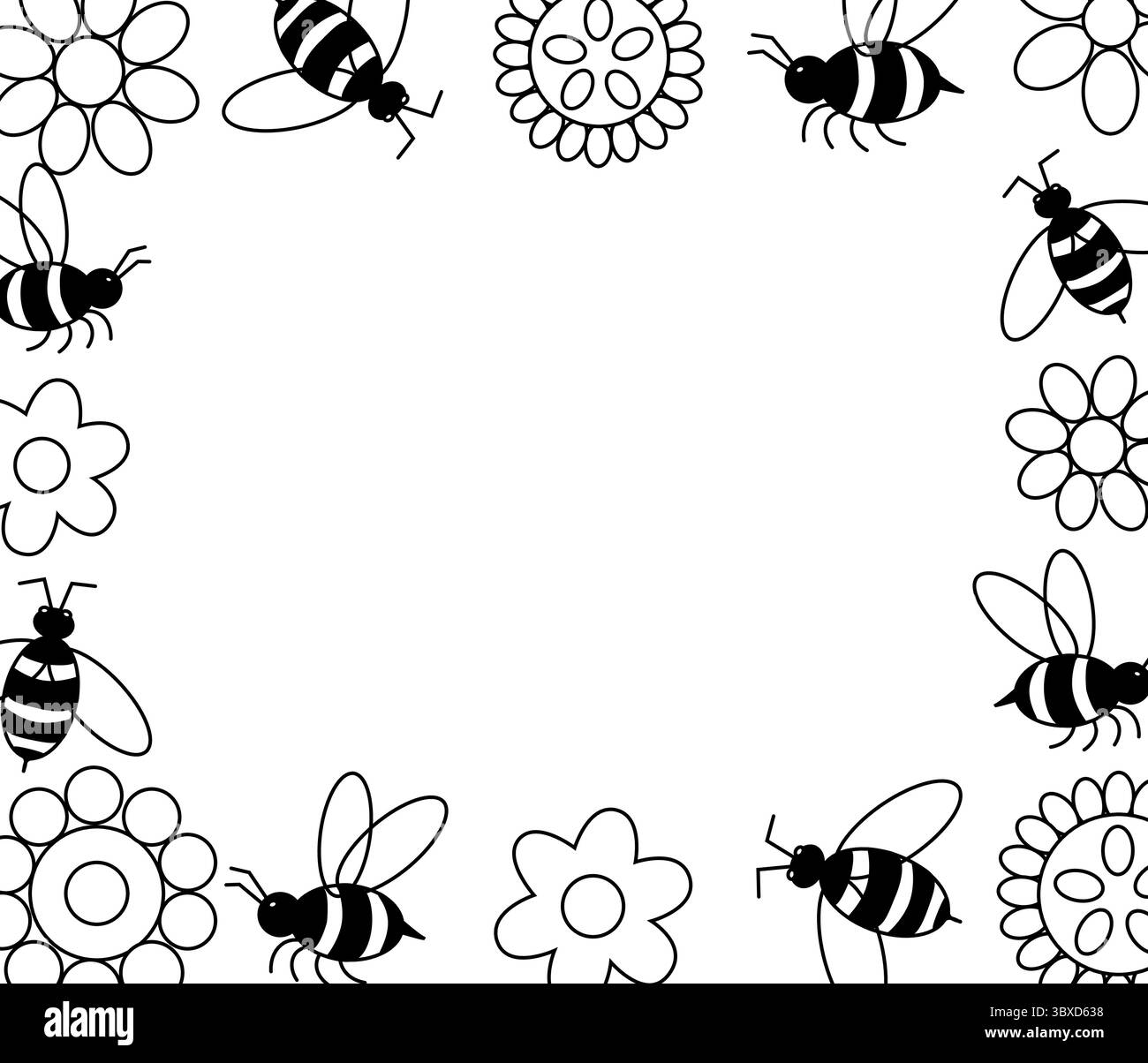 Bee with simple flowers Frame rectangle template. Vector graphic line ...