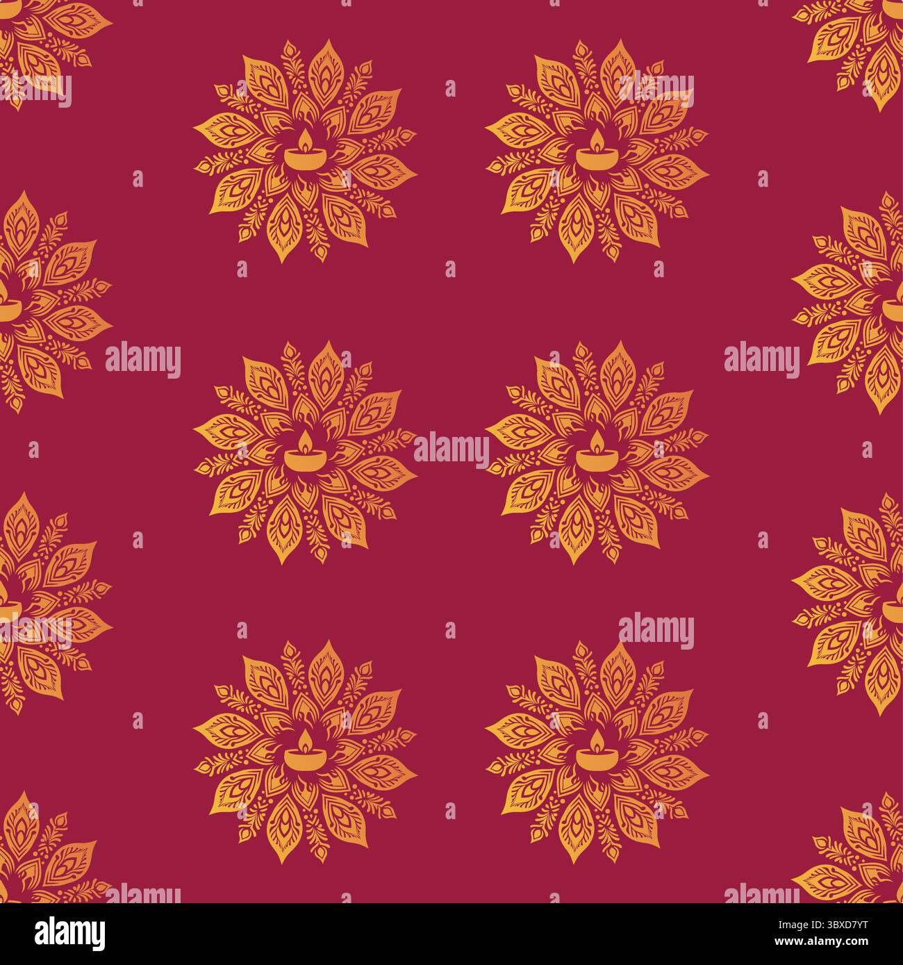 Seamless Diwali pattern with traditional Diya lamps and rangoli floral ...