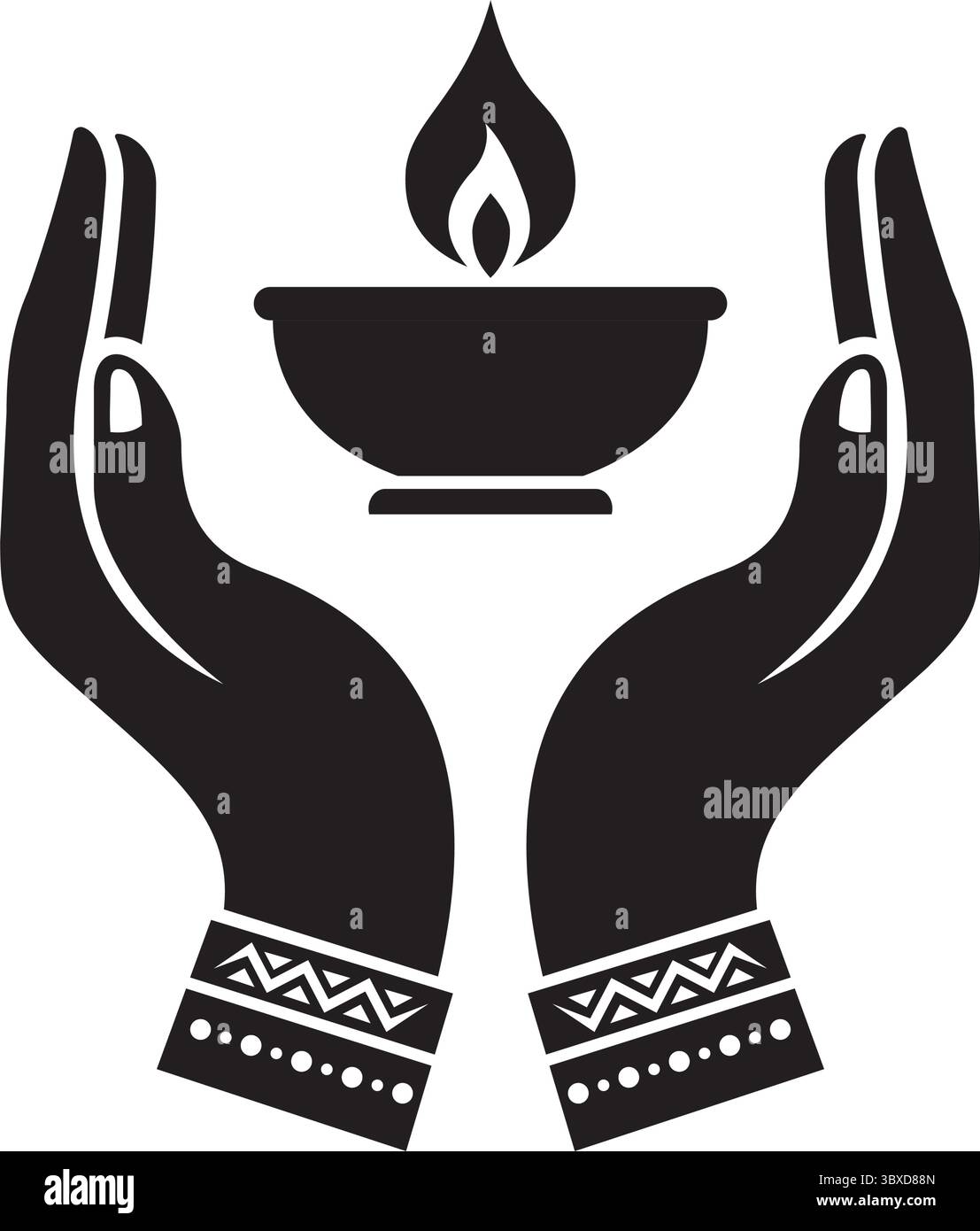 Black silhouette of two hands offering a Diya lamp, symbolizing light ...