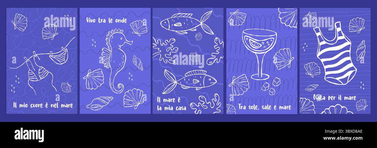 Mediterranean blue Posters set. la dolce vita. Isolated outline Hand ...