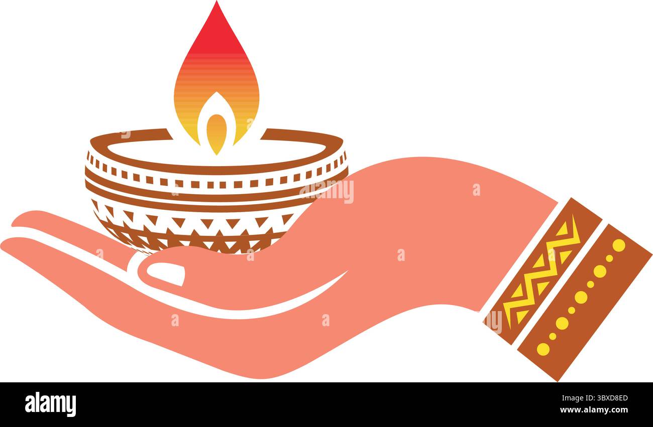 Vector of a decorated hand holding a traditional Diwali diya lamp with ...