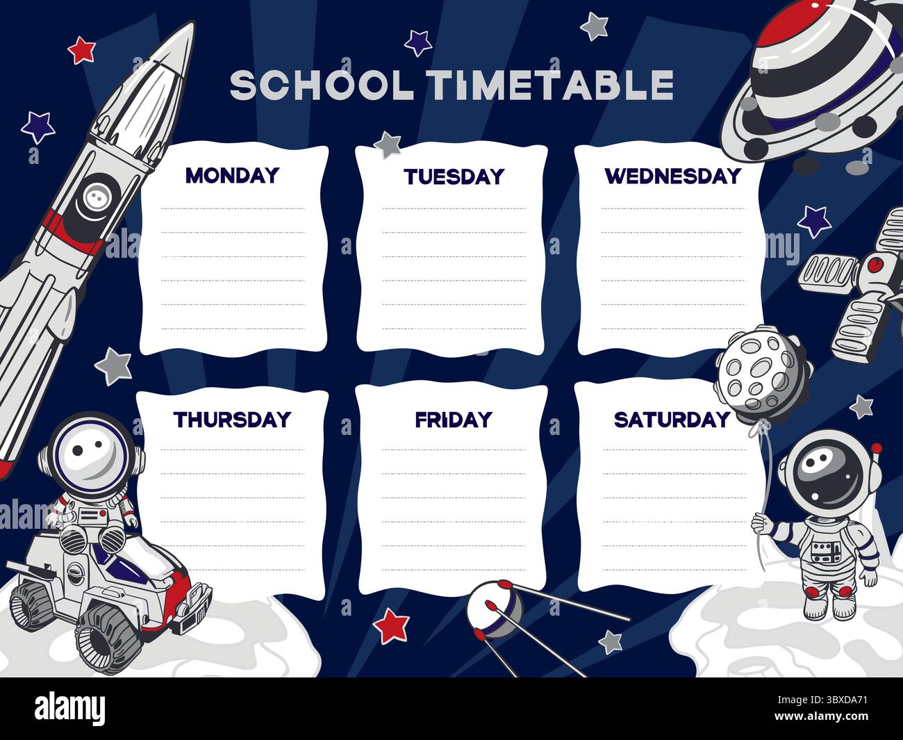 School timetable template with astronauts. Rocket, planet, satellite ...