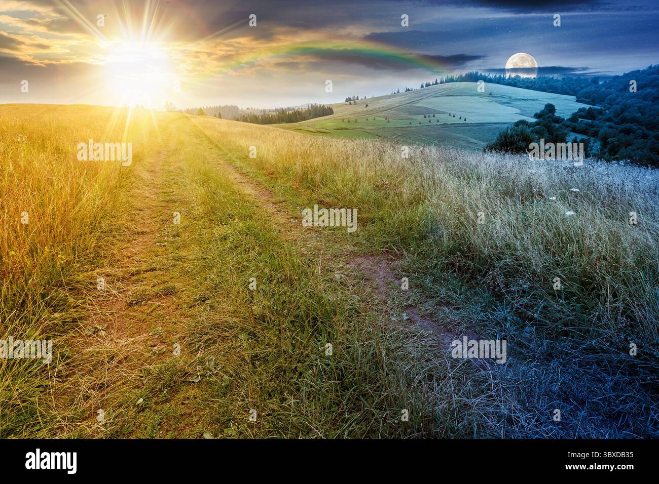 travel mountain landscape with path through meadow on summer solstice ...