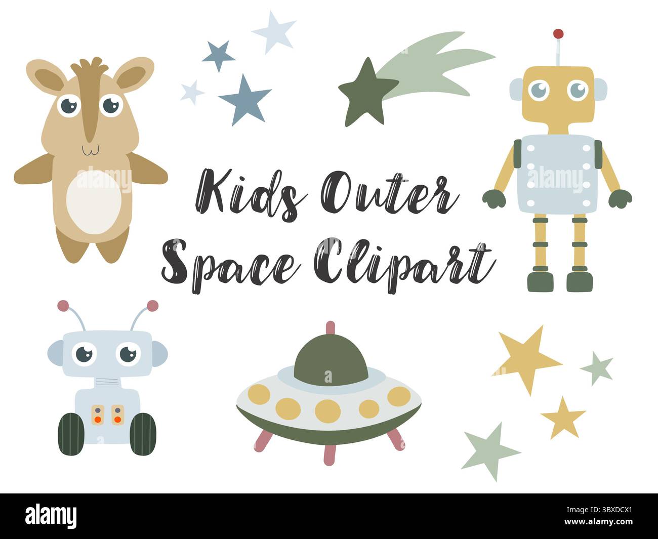 Adorable clipart set featuring robots, a spaceship, a friendly alien ...