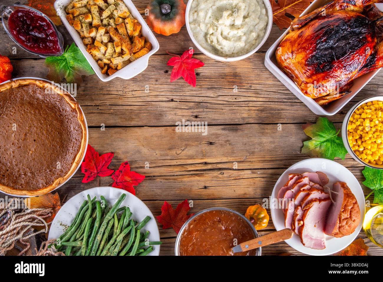 Thanksgiving dinner or lunch foods table. Assortment set of various ...