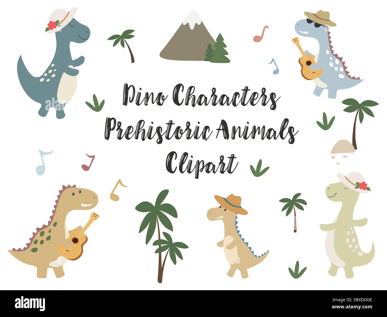 Cartoon dinosaurs wearing hats, playing musical instruments, and ...