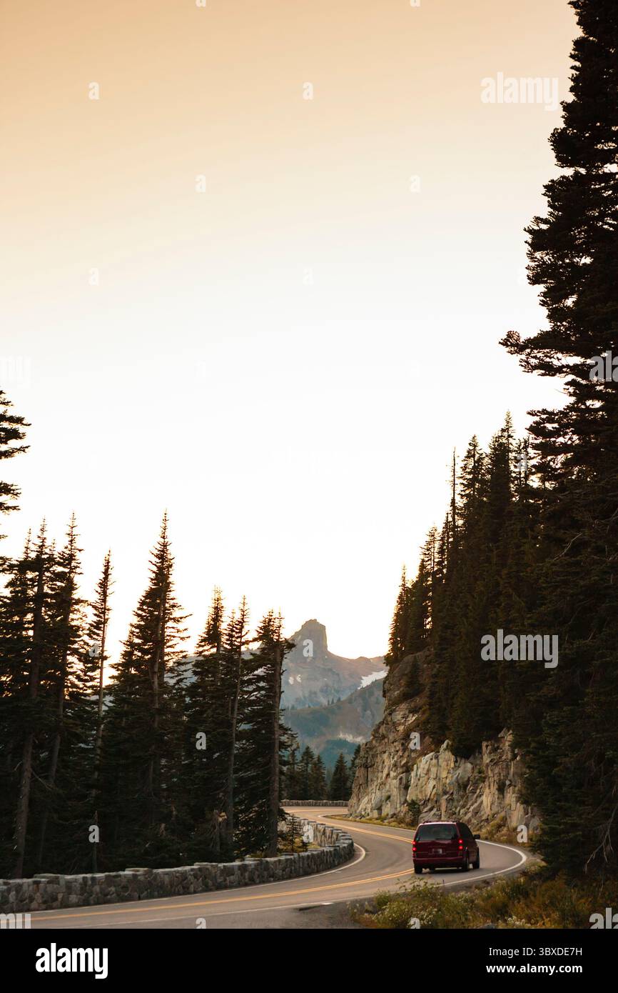A winding mountain highway through the Cascade Mountains, Chinook Pass ...