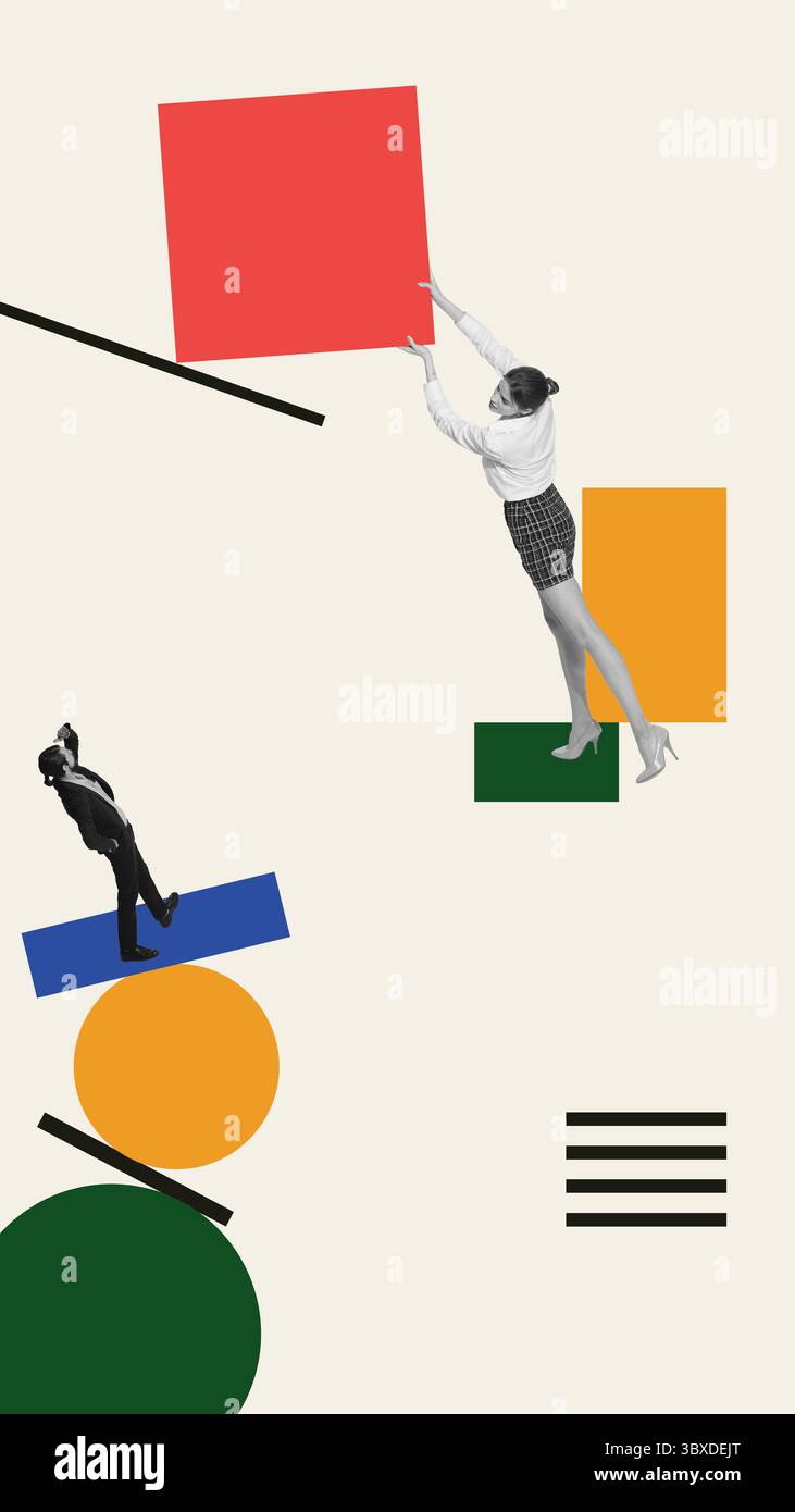 Graphic composition with woman pushing red square in surreal office ...