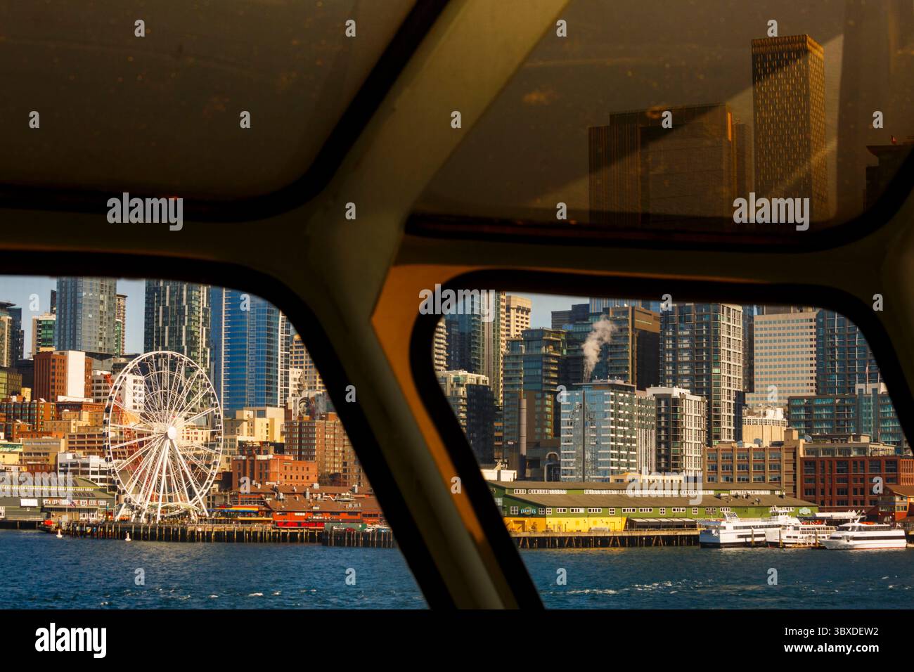 Downtown Seattle and the waterfront, views from a Puget Sound ferry ...
